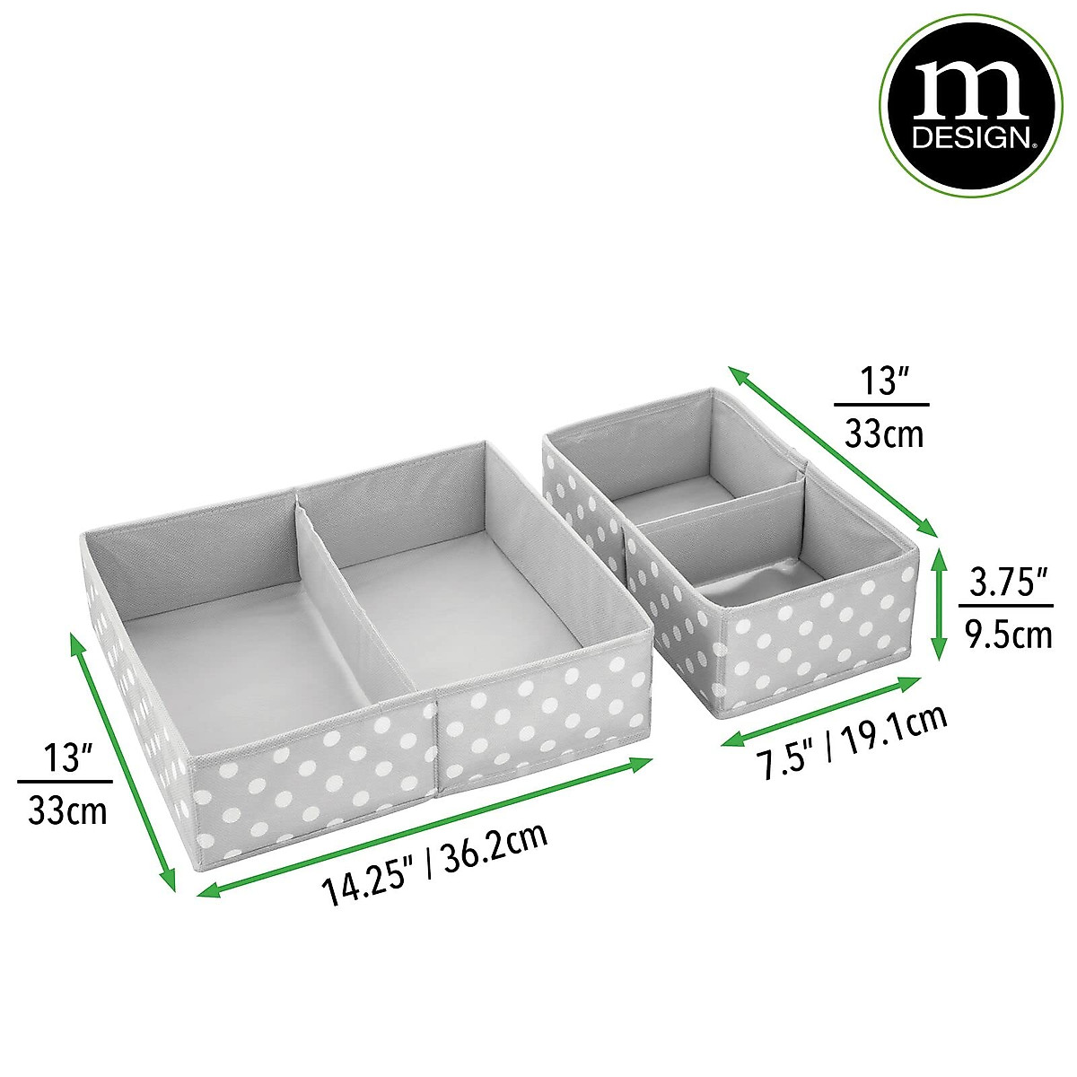 mDesign Fabric Drawer Storage Divider Organizer Bins for Nursery, Kids Bedroom Dresser, Closet, Shelf, Playroom Organization, Hold Clothes, Toys, Diapers, 2 Pack, Gray/White Polka Dot