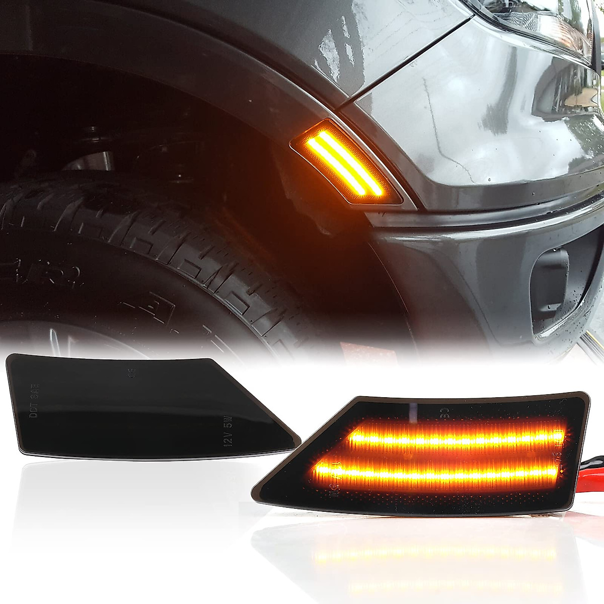 LED Side Marker Lights for Ford Ranger Lariat XL XLT 2019 2020 2021 2022 Ranger Smoked Lens Black Side Markers Fender Lamp Full Amber LED Strip Front Bumper Side Marker Turn Signals Side Light Lamps