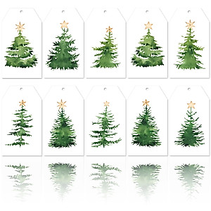 AnyDesign 120Pcs Christmas Paper Gift Tags with Hemp Rope Watercolor Xmas Tree Tag Pre-Punched with Holes Holiday Plant Favor Tag Hanging Labels, 10 Design