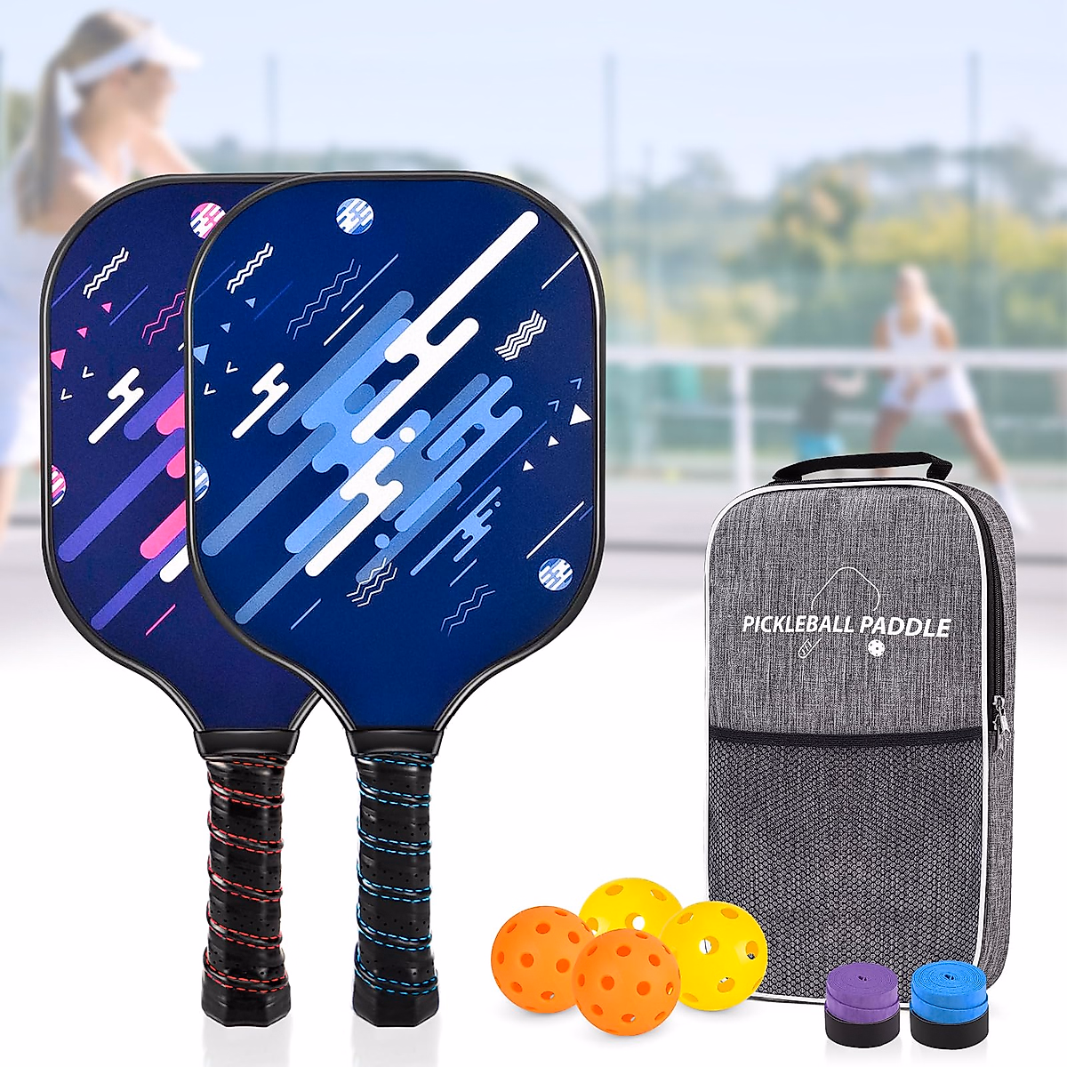 PLIOSAUR Pickleball Paddles, Fiberglass Pickleball Set, Lightweight Pickle Ball Rackets 2 Pack with 4 Pickle Ball, 2 Grip Tapes and 1 Carry Bag, Pickleball Paddle Set Gifts for Men Women Beginners