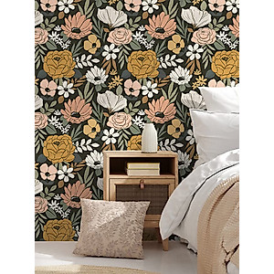 HAOKHOME 93217 Vintage Large Floral Peel and Stick Wallpaper Removable Daisy Leaf Black/Sand/Oliva Vinyl Self Adhesive Mural 17.7in x 6.6ft