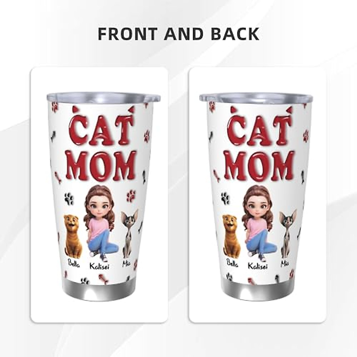 Cat Mom Tumbler,Personalized Insulated Tumbler with Women and Cat Cartoon Design,Custom Stainless steel Cup,Birthday Mothers Day Gift