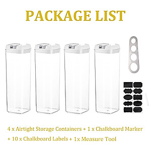 Hanobe Pasta Storage Containers for Pantry: Large Spaghetti Noodle Canister 4 Pcs White Kitchen Cabinet Organization with Easy Lock Lids Plastic BPA Free with Labels Marker