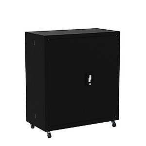 LUCYPAL Metal Storage Cabinet with Wheels,Lockable Steel Storage Cabinet with Doors, Mobile Metal Storage Cabinet with Adjustable Shelf, Metal Filing Cabinet for Home Office,Garage,Black
