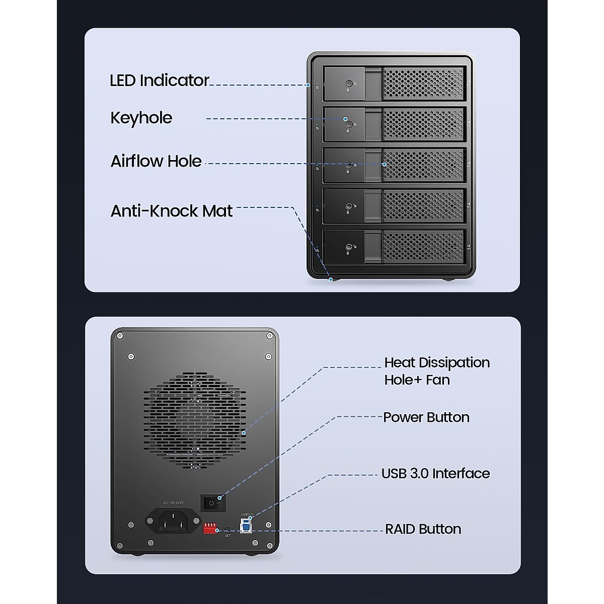 ORICO 5 Bay Raid Hard Drive Enclosure Aluminum USB 3.0 to SATA Hard Drive Tray Less Docking Station Max Up to 100TB Support RAID 0/1/3/5/10/JBOD Single Mode, Designed with Safety Lock-9558RU3
