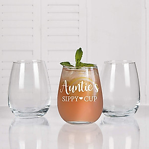 Auntie's Sippy Cup Wine Glass, Aunt Stemless Wine Glass 15Oz for Women Aunts, Auntie Gift from Niece, Nephew