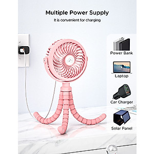 Creiv Stroller Fan, Baby Stroller Fans Clip On Car Seat, Battery Operated Portable Fan with 3 Level Wind Speeds and LED Lighting Available for Stroller, Car Seat and more