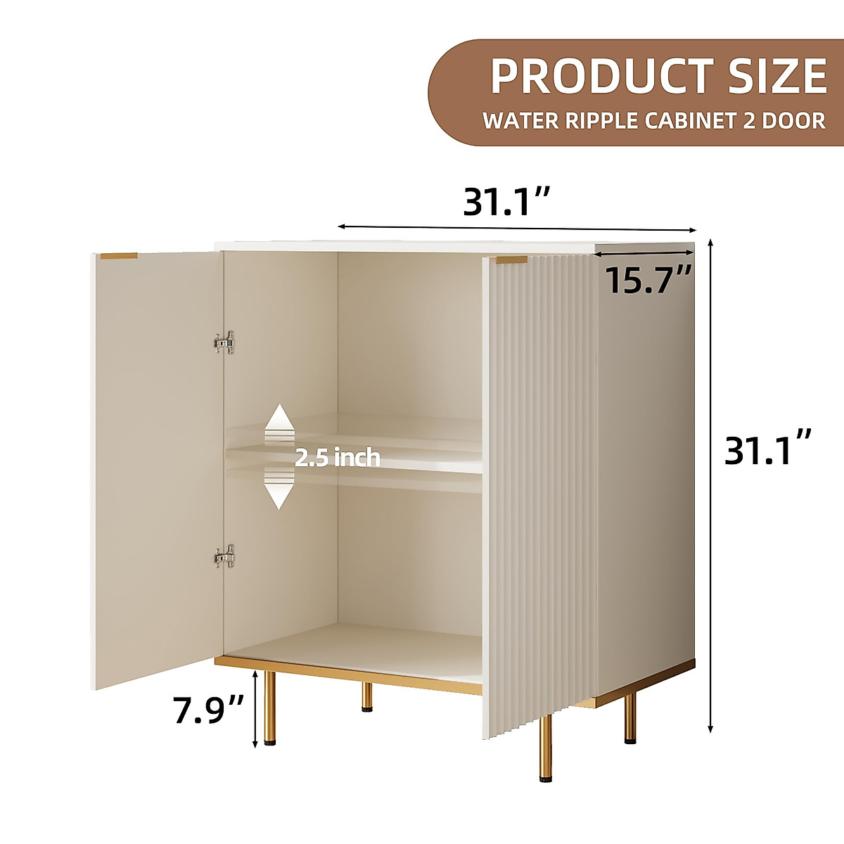 Fluted Sideboard Cabinet, Buffets & Sideboards, 2 Door Design, Elegant White Sideboard - Acceent Cabinet Ideal for Dining Room and Kitchen Storage 31.4 INCH