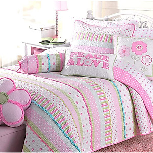 Cozy Line Home Fashions Pink Polka Dot Flower Girl 100% Cotton Reversible Quilt Bedding Set, Coverlet, Bedspread (Greta Pastel, Twin - 2 Piece: 1 Quilt + 1 Sham)