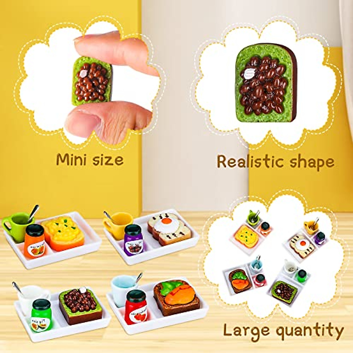 Miniature Tea Dollhouse Kitchen Accessories Set Mini Food for Dollhouse Snacks Resin Kitchen Accessories Juice Hamburger Milk Bread Jam Cup Egg Pretend Play Food Toys (Rich Style,20 Pieces)