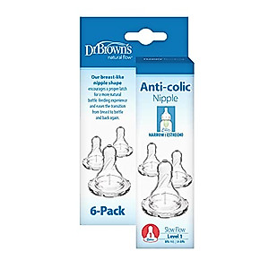 Dr. Brown’s Natural Flow Level 1 Narrow Baby Bottle Silicone Nipple, Slow Flow, 0m+, 100% Silicone Bottle Nipple, 6 Count (Pack of 1)