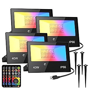 HYDONG RGB LED Flood Light Outdoor 400W Equivalent Color Change & Daylight 5700K Landscape Light with Remote, Timing, IP66 Waterproof for Yard, Patio, Garage - 4 Pack