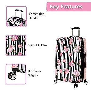 Betsey Johnson 26 Inch Checked Luggage Collection - Expandable Scratch Resistant (ABS + PC) Hardside Suitcase - Designer Lightweight Bag with 8-Rolling Spinner Wheels (Stripe Roses)
