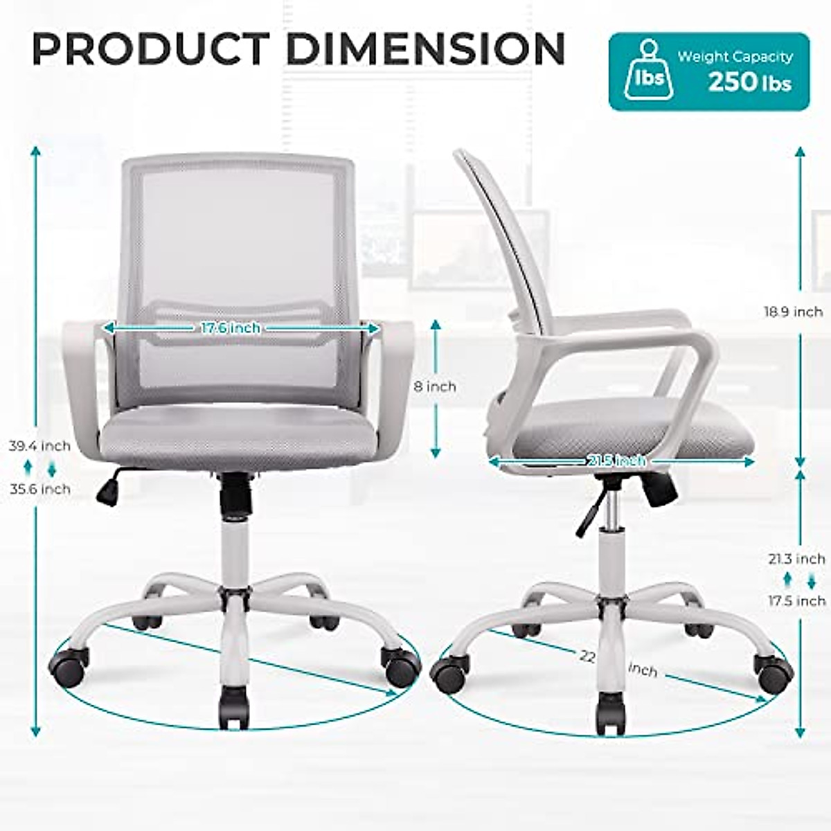 edx Home Computer Wheels Mesh Lumbar Support, Mid Back Ergonomic Office Desk Armrests Adjustable Work Chairs, Grey
