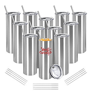 YOUKE OLA 12 Pack Stainless Steel Skinny Tumblers, 20oz Bulk Straight Double Wall Insulated Tumbler with Lid and Straw for Travel, DIY, Silver