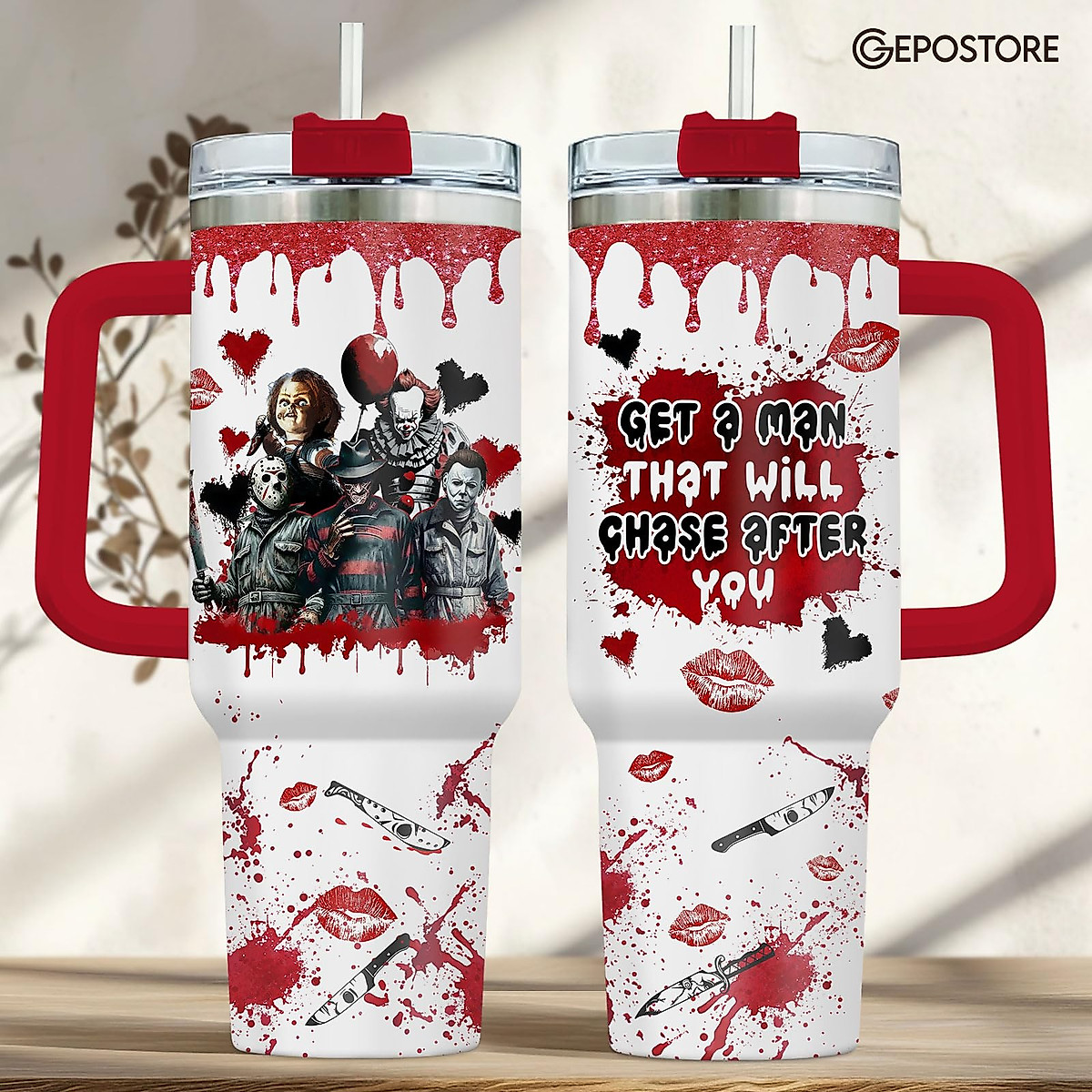 GEPOSTORE Valentines Gifts for Him Her, Horror Characters 40 Oz Tumbler with Handle, Movie Scary Cup, Gifts for Horror Fan