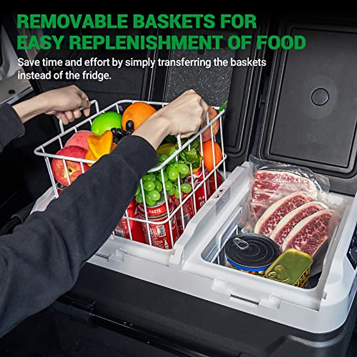 F40C4TMP 12 Volt Portable Refrigerator, 54 Quart Dual Zone Car Freezer With Independent Temperature Control, -4℉ to 68℉,51L Compressor Fridge With Wheels & 2 Baskets For Camping, Travel, Road Trip, Vehicle, Car, Truck, Van, RV, Outdoor and Home--12V/24V D