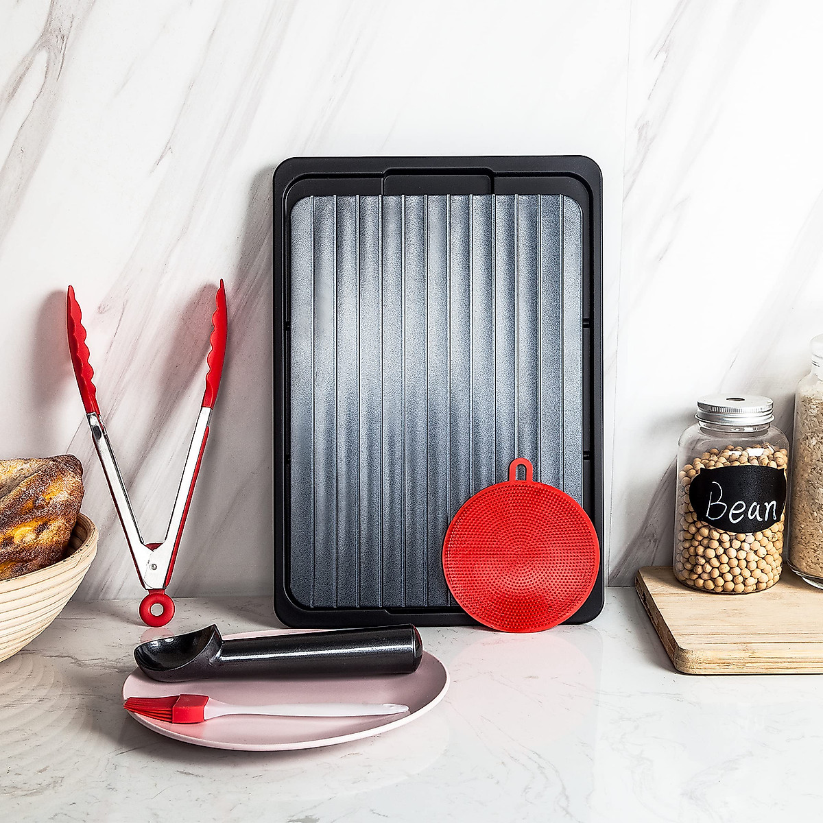 Generic Fast Defrosting Tray Frozen Meat, Heat Conduction Tray, Thawing Board Frozen Food, Thaw master tray non electrical, large drip tray, Oil Brush, Food Tong, Cleaning Sponge and Ice Cream Spoon