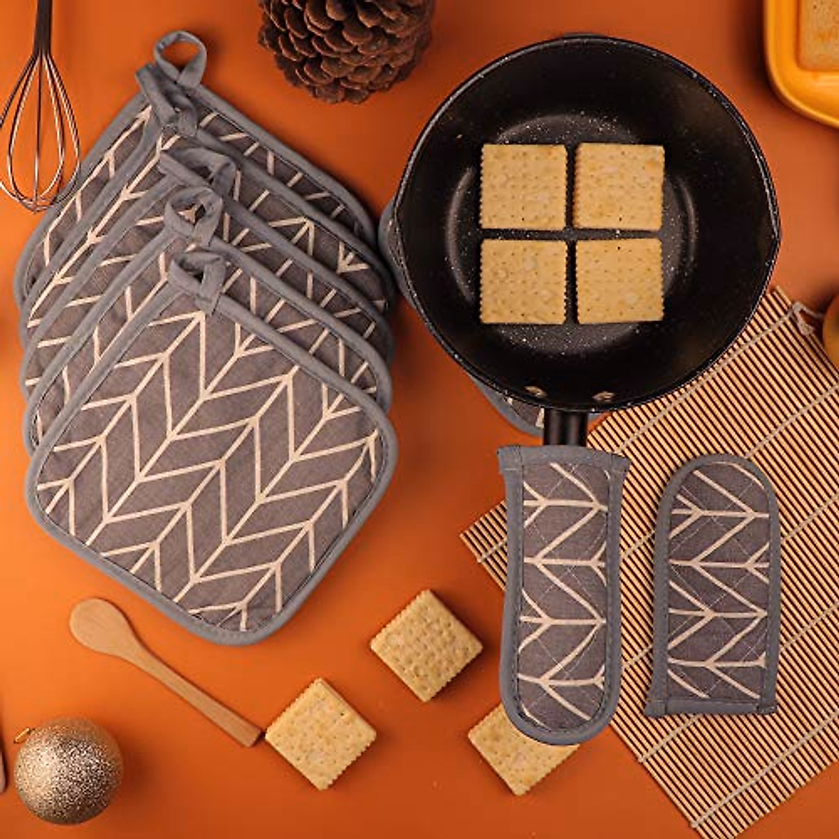 Win Change Heat Resistant Potholders Hot Pads-6 Kitchen Pot Holders Set with 2 Pan Hot Handle Holders Trivet for Cooking and Baking,with Recycled Infill Terrycloth Lining(Grey,8 Piece)