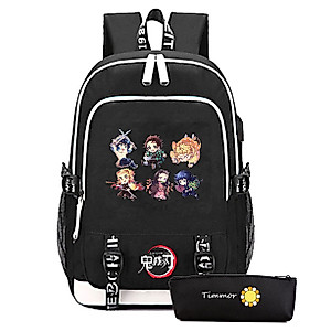 TIMMOR MAGIC Japanese Anime Backpack for Boys with USB Charging Port, Middle School College Tanjiro Bookbags for Women Men.(Black6)
