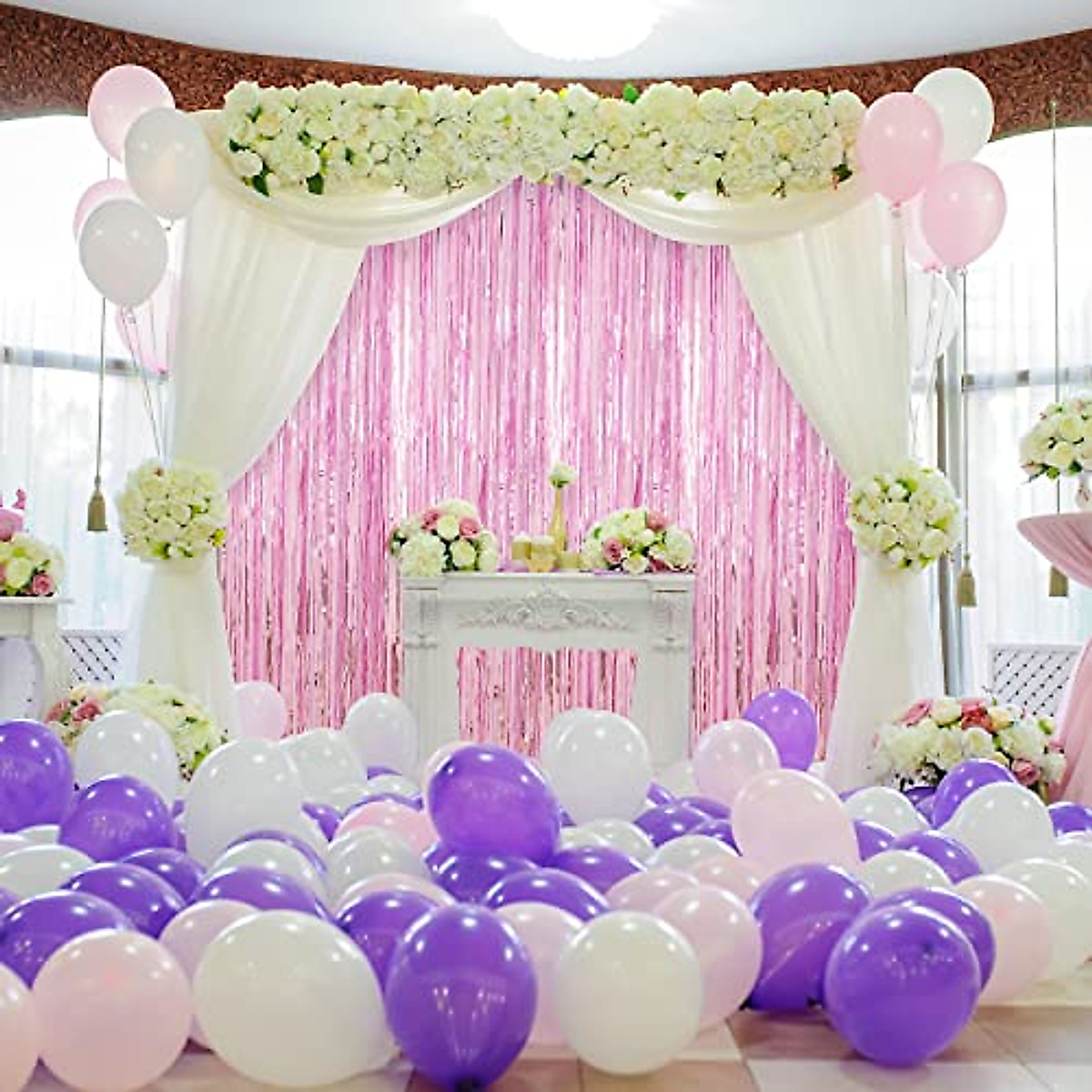 Crosize Pink Foil Fringe Backdrop Streamer Curtains for Birthday Party Decorations, Tinsel Curtain for Parties, Galentines Decor, Preppy, Photo Booth -3.3 x 9.9 ft, 3 Pack