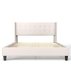 BONSOIR Bed Frame Upholstered Traditional Low Profile Platform with Wing Back Headboard/No Box Spring Needed/No Bed Skirt Needed/Linen Fabric Upholstery/Sand (Cream, Queen Size)