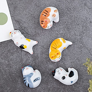 SHERCHPRY Cute Cat Ceramic Chopsticks Holder Stand Rest Lucky Cat Spoon Fork Knife Stand Animal Party Decoration For Holiday Party Dining Table 5pcs