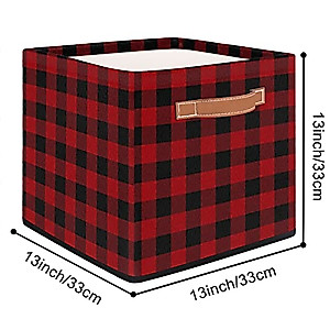 Storage Cube Bins Buffalo Red Plaid Grid Large Collapsible Storage Basket with Handle Decorative Storage Boxes for Toys Organizer Closet Shelf Nursery Kid Bedroom,13x13x13