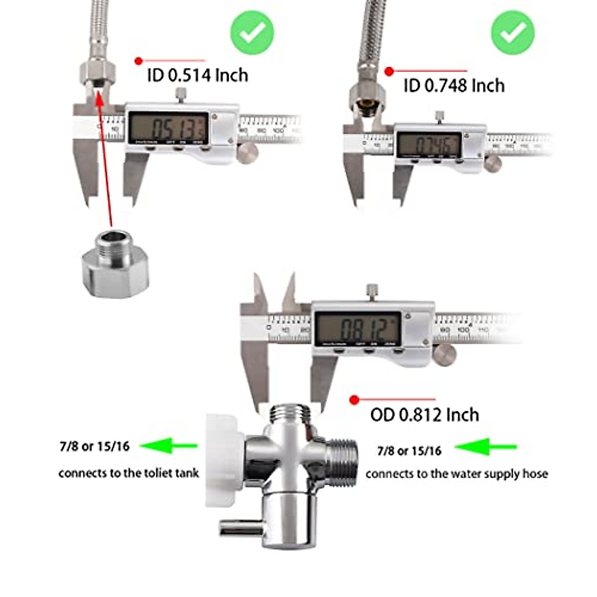 Hsmhose Bidet T Adapter with Shut off Valve,Metal T Valve for Bidet 7/8” X 7/8” X 1/2”or 3/8”,Tee Connector Bidet Attachment for Toilet