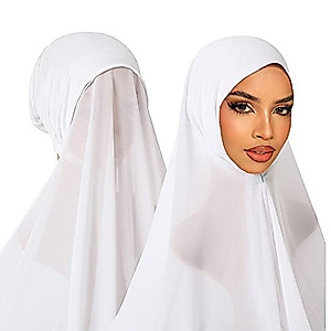 Yeieeo Women's Pre-Sewn Head Scarf Wrap Shawls Stretch Scarf Hijab Cap Chiffon Scarf with Under Caps for Hijabs (White)