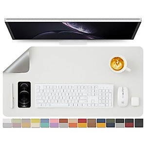 Dual Sided Leather Desk Mat - Waterproof Desk Pad for Office and Home - Desk Organization and Accessories - Ideal for Large Mouse Pad and Desk Mats on Top of Desks(White+Silver,31.5"x 15.7")