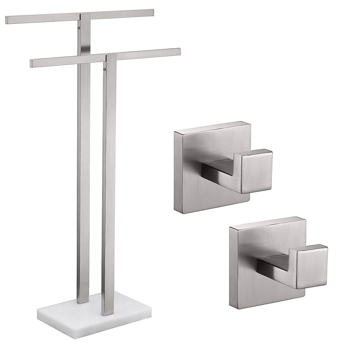 KOKOSIRI Bathroom Towel Rack 2-Tier Standing Towel Racks with Marble Base Freestanding Towel Bars Bath Towel Hook Robe Hook Coat Hook Brushed Nickel THS0001-BR+B1010BR-P2