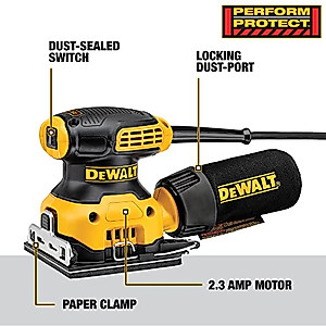 DEWALT Palm Sander, 1/4-Inch, 2.3 Amp, 14,000 OPM, Storage Bag Included, Corded (DWE6411K), Yellow