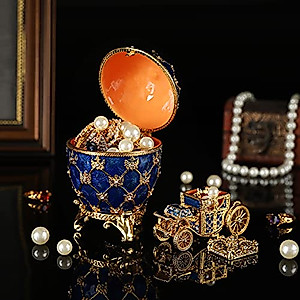 QIFU Vintage Blue Faberge Egg Style Jewelry Trinket Box with Mini Royal Carriage, Unique Gift for Easter Collection