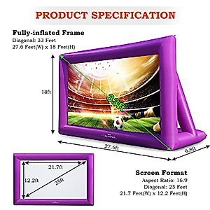 Talvania 33 Feet Inflatable Projector Screen for Outdoor and Indoor TV Movie Watching, Huge Screen, Blower, Tie Downs, Stakes, Sandbags, and Storage Bag, Quick Blow Up, Jumbo (33' Purple)