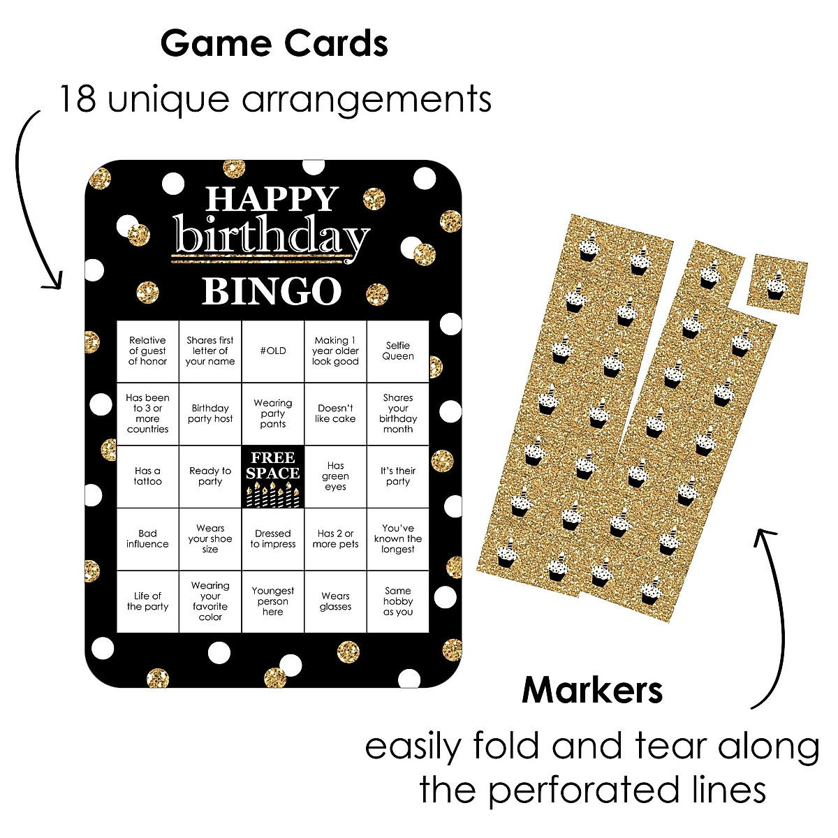 Big Dot of Happiness Adult Happy Birthday - Gold - Find The Guest Bingo Cards and Markers - Birthday Party Bingo Game - Happy Birthday Bingo - Set of 18