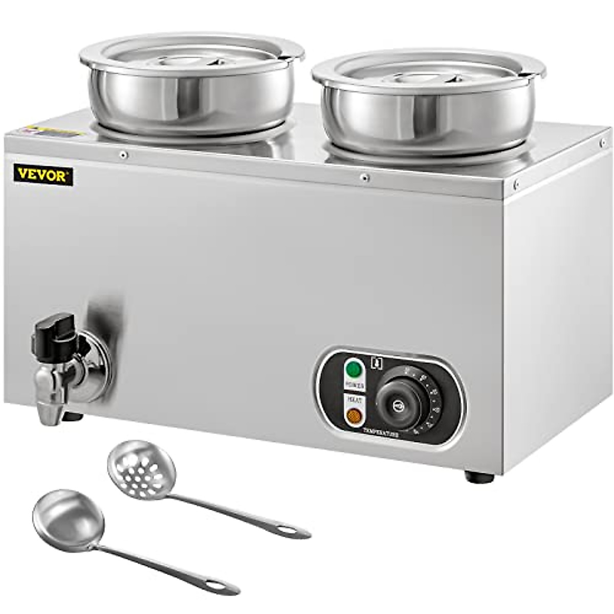 VEVOR 110V Commercial Food Warmer 8.4 Qt Capacity, 500W Electric Soup Warmer Adjustable Temp.86-185℉, Stainless Steel Countertop Soup Pot with Tap, Bain Marie Food Warmer for Cheese/Hot Dog/Rice