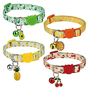 CooShou 4Pcs Breakaway Cat Collars with Bells Kitten Collar Breakaway Friut Plaid Collar with Pineapple, Cherry, Lemon, Avocado Adjustable Collars for Female Girl Cats Male Boy Cats