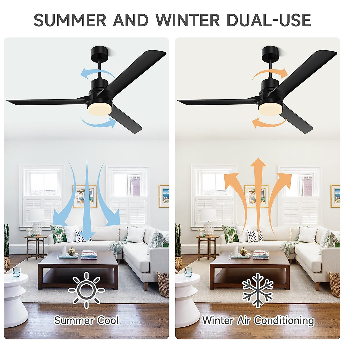 alescu Ceiling Fans with Lights and Remote,52”Black Indoor and Outdoor Ceiling Fan,Modern Ceiling Fans with Reversible DC Motor for Patio Living Room, Bedroom