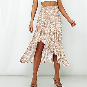 CofeeMO Bravetoshop Womens Boho Floral Print High Waisted Wrap Flowy Midi Skirt Asymmetrical Ruffle Hem Swing A-Line Skirts (Beige,XL)