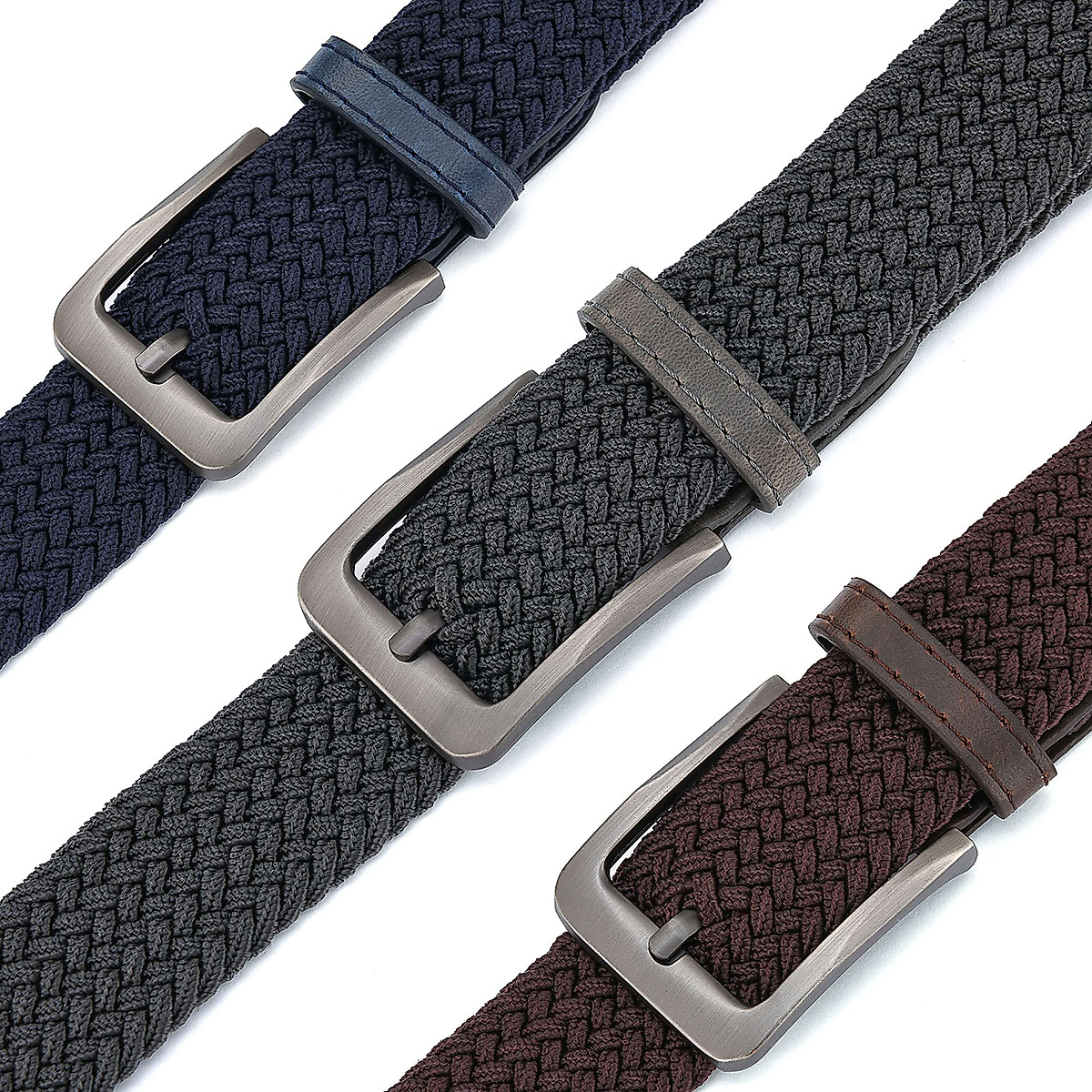 GALLERY SEVEN Woven Elastic Braided Belt For Men - Fabric Stretch Casual Belt- 3 Pack - Gray/Brown/Navy - Small (32-36")
