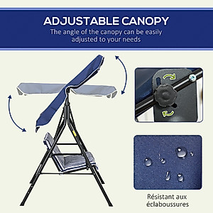Outsunny 3-Seat Outdoor Patio Swing Chair with Removable Cushion, Steel Frame Stand and Adjustable Tilt Canopy for Patio, Garden, Poolside, Balcony, Backyard, Dark Blue