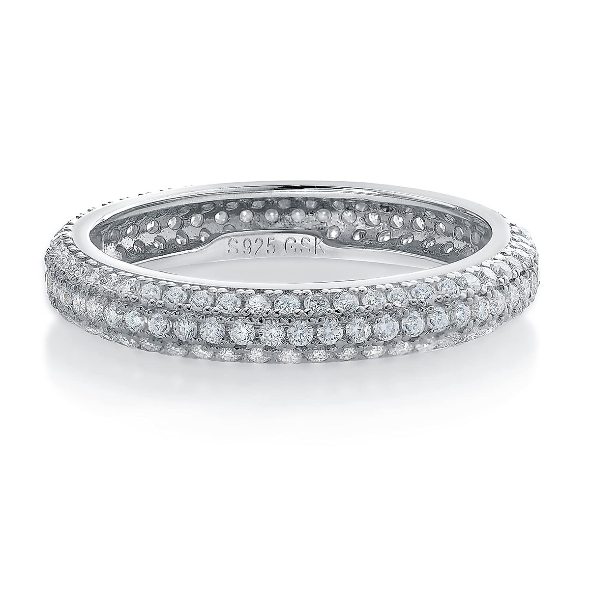 Gem Stone King 925 Sterling Silver White Moissanite Ring | 3 Rows Micro Pave Wedding Stackable Eternity Band For Women | 1.08 Cttw | Available In Size 5, 6, 7, 8, 9