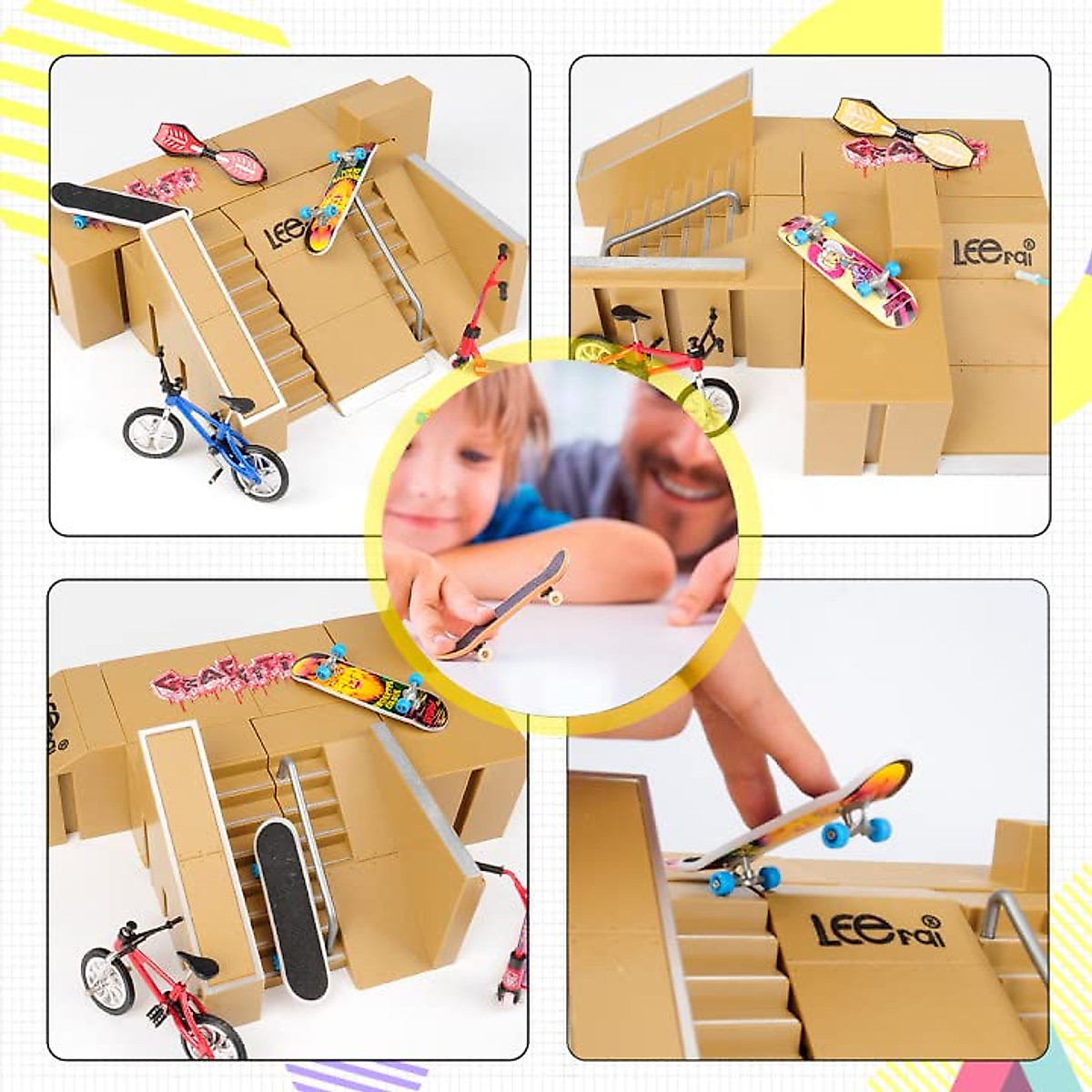 Fingerboard Skatepark Set 14Pcs - M.A.K Finger Skateboard Ramp 5Pcs with 9Pcs Mini Finger Toys Including Finger Skateboards, Finger Bike, Fingerboard Skate Park, Finger Skateboard Set for Kids Gift