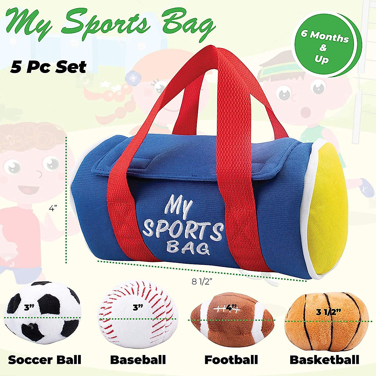 Etna My Sports Bag, Plush Toy Play Set - Toddler Sensory Toys with Plush Balls That Make Sports Sounds and Cheers -Includes Sports Bag Plush Basketball Plush Baseball Plush Soccer Ball Plush Football