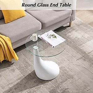 COSVALVE 21" Tall Contemporary Round Glass Coffee Table, Tempered Glass End Table for Living Room, Bed Side Table, Sofa Side Table, for Bedroom Office Meeting Room, White