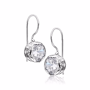 925 Sterling Silver Earrings With 2 White Round Cubic Zirconia, 10MM Bezel, Impressive Bling Effect Hypoallergenic, Nickel and Lead-free, Artisan Handcrafted Designer, French Wire Back, Made In Israel