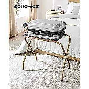 SONGMICS Luggage Rack, Luggage Rack for Guest Room, Suitcase Stand, Steel Frame, Foldable, for Bedroom, Golden URLR064A01