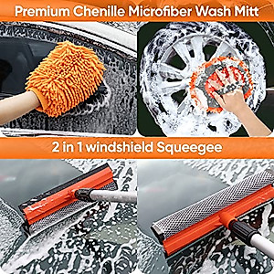 Lsyomne Car Wash Brush with Long Handle 62'' Chenille Microfiber Car Wash Mop Mitt Car Wheel Brush Car Care Cleaning Kit Windshield Window Squeegee Car Microfiber Towels for Cars RV Truck Boat