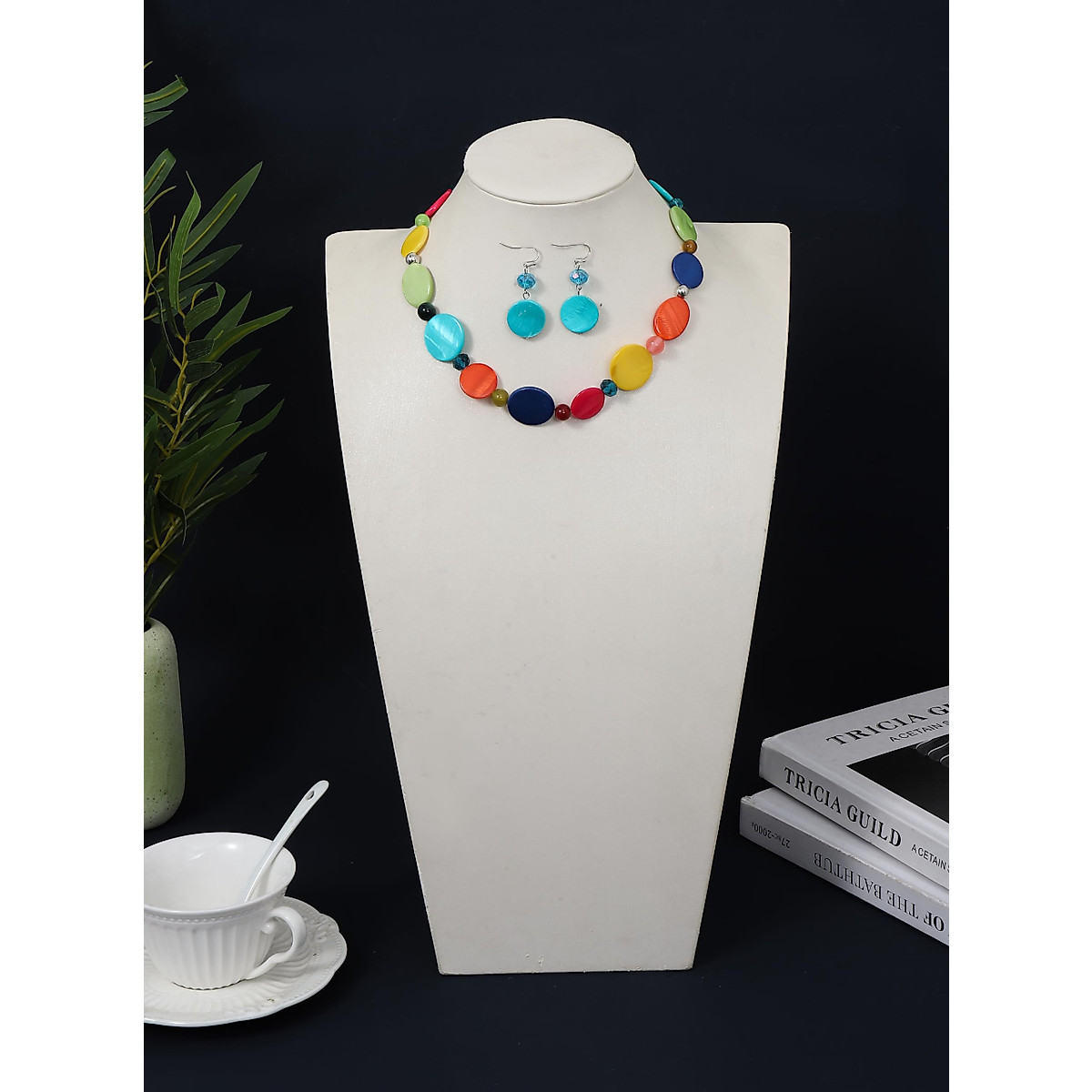 Jules D. Simple Beaded Choker Necklace Handmade Shell Multi Colorful Brown Green Beads Statement Necklace Bracelet Earring Set Costume Jewelry for Women Gifts (Multi)